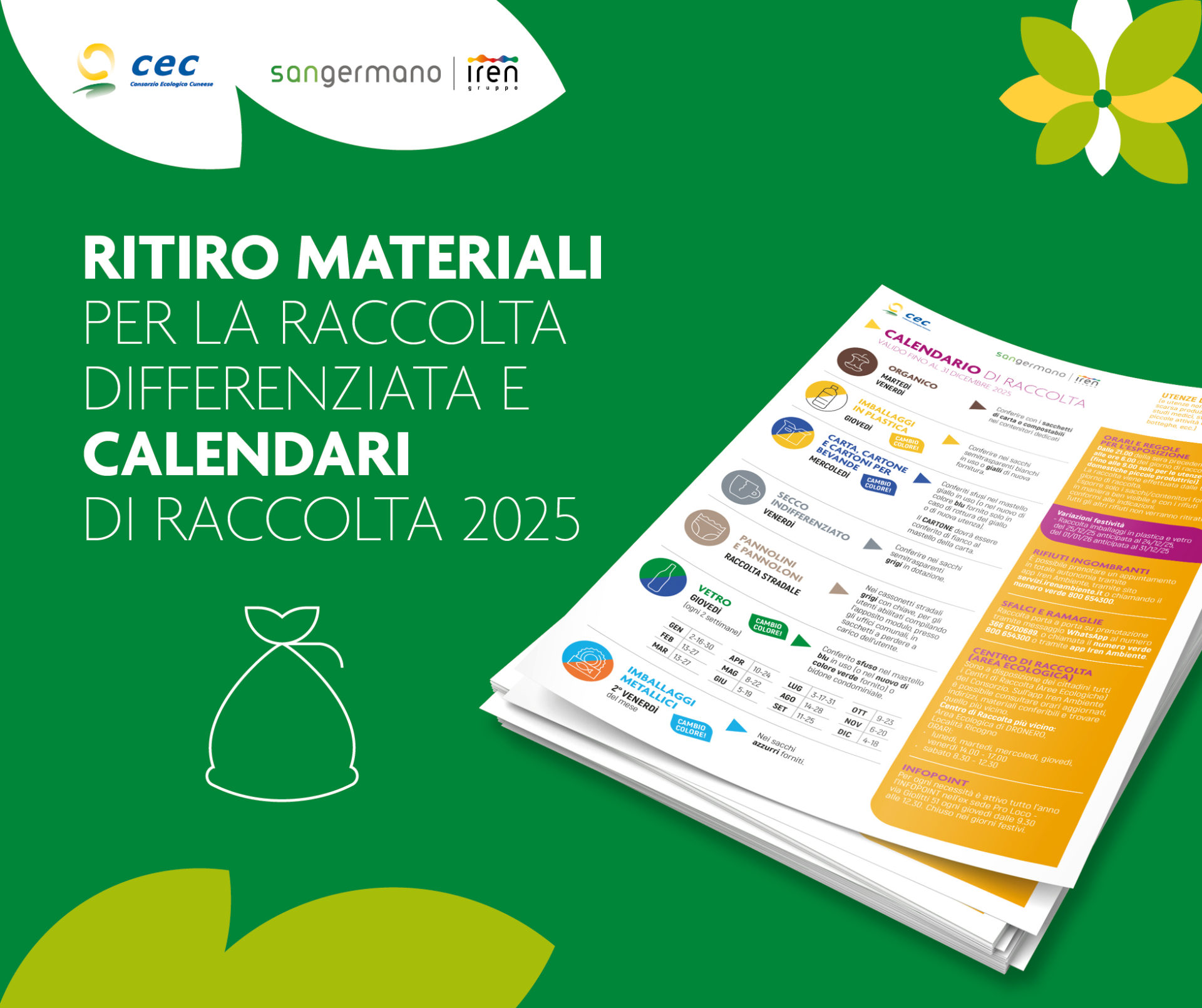 On-line i nuovi calendari di raccolta 2025 per 14 comuni – CEC Rifiuti